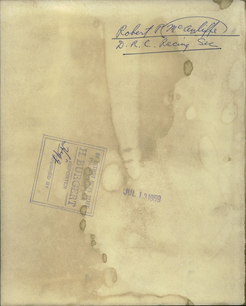 1959 Press Photo Robert P McAuliffe Racing Security - RRW12613 - Historic Images