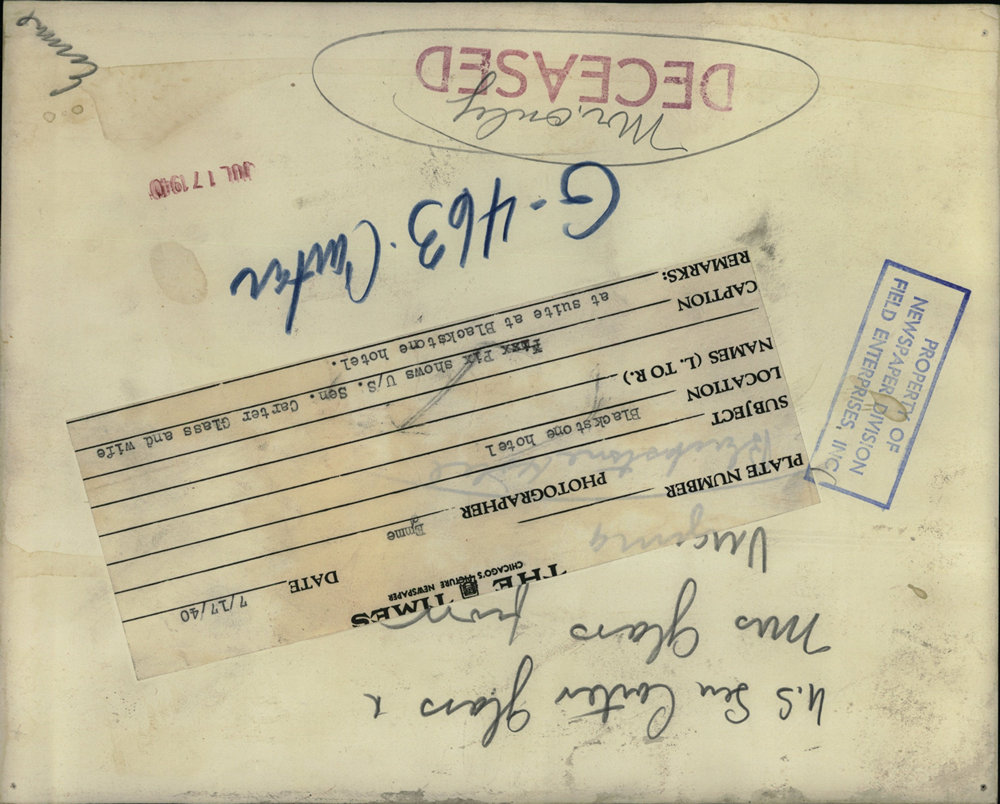 1940 Press Photo US Senator Carter Glass wife suite Blackstone Hotel S ...