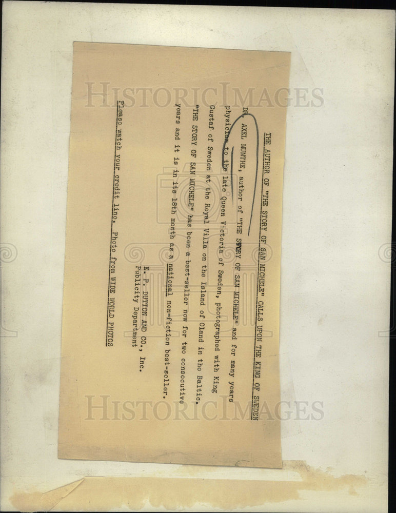 Press Photo Author Axel Munthe With King Gustaf Of Sweden - Historic Images