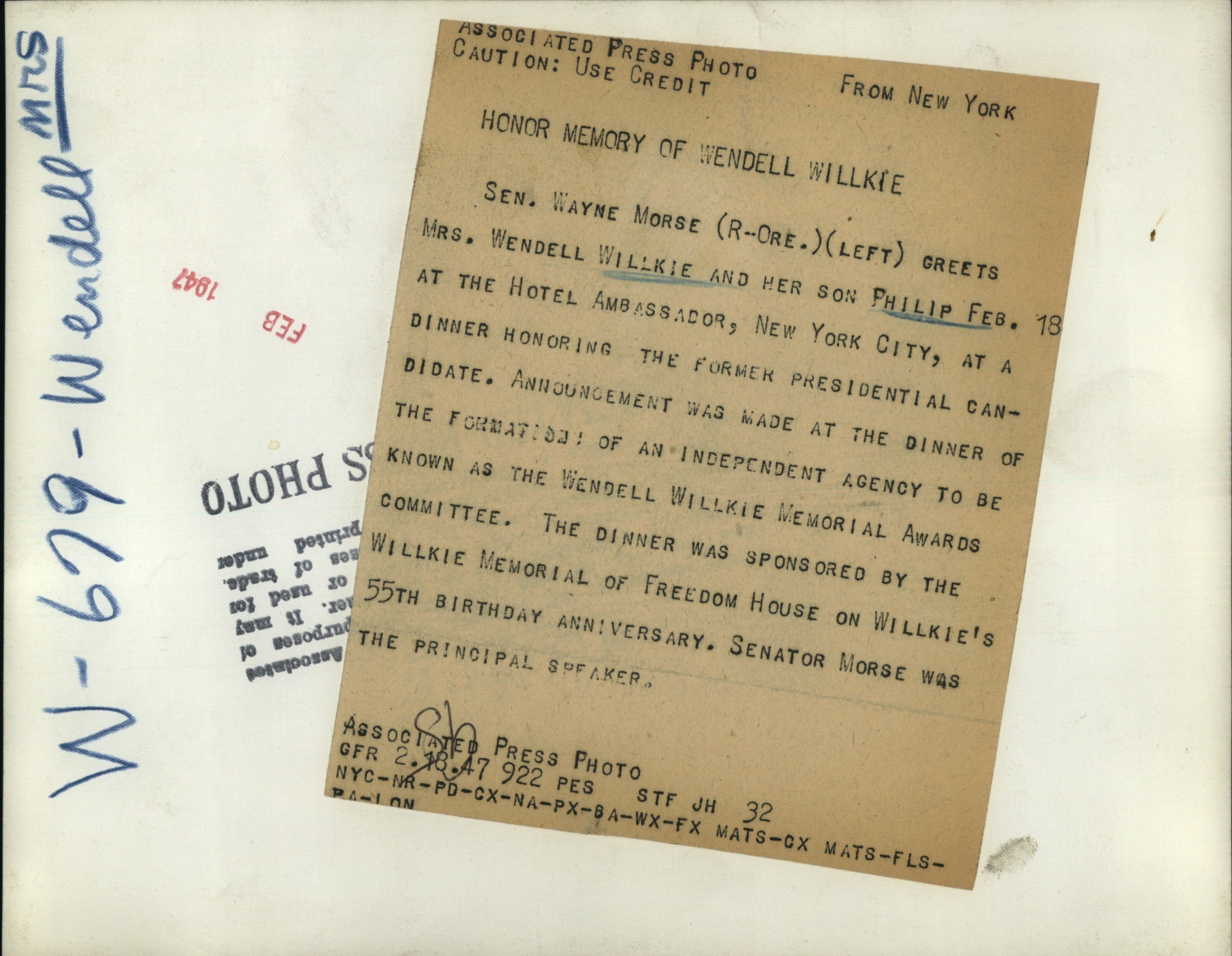 Senator Wayne Morse Greets Edith And Philip Willkie New York 1947 ...