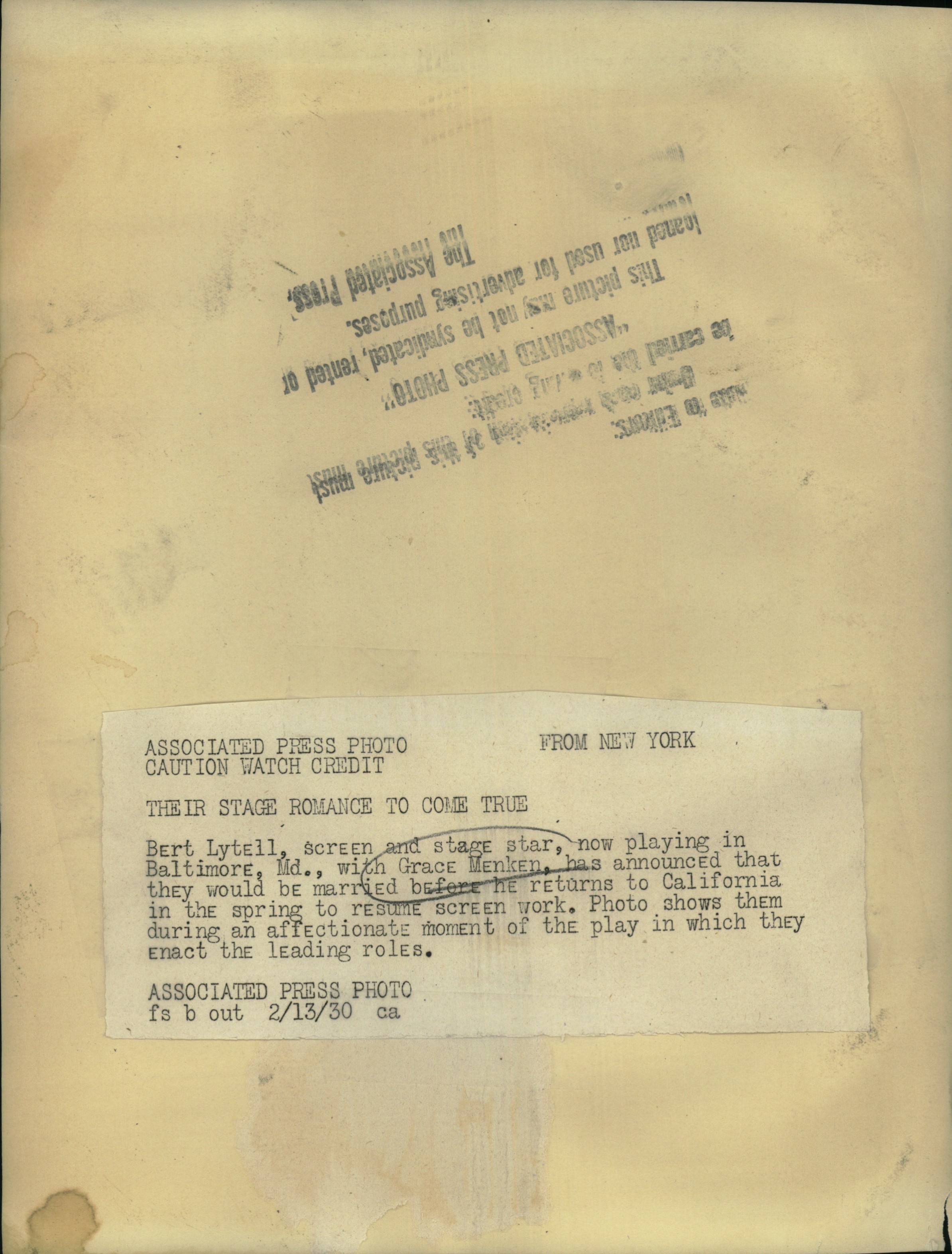 Bert Lytell and Grace Menken 1930 Vintage Press Photo Print - Historic ...