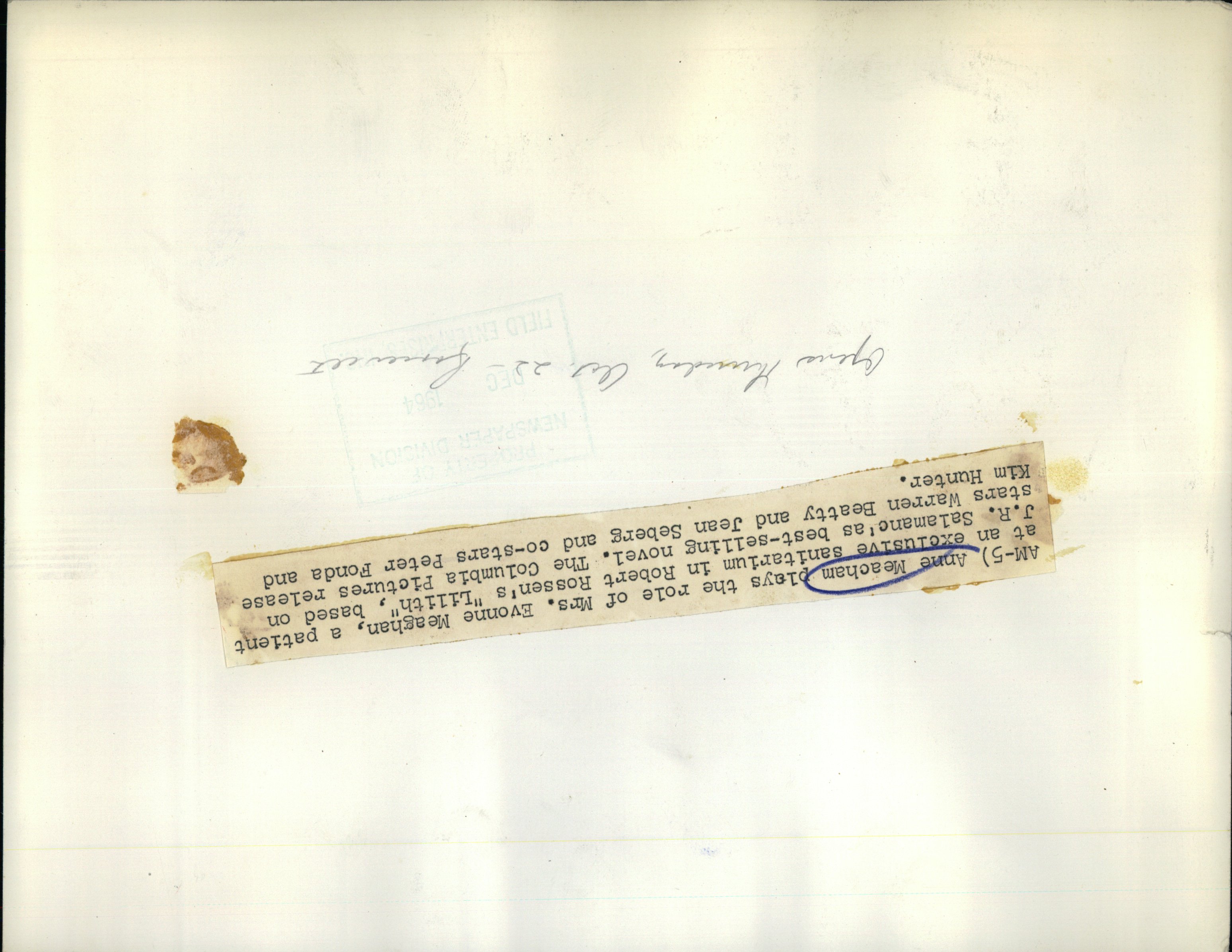 Film Lilith Anne Meacham Warren Beatty Jean Seberg Peter Fonda 1964 ...