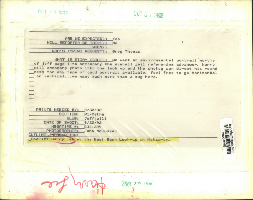 1992 Press Photo Sheriff Harry Lee at the East Bank lock-up in Metairi ...